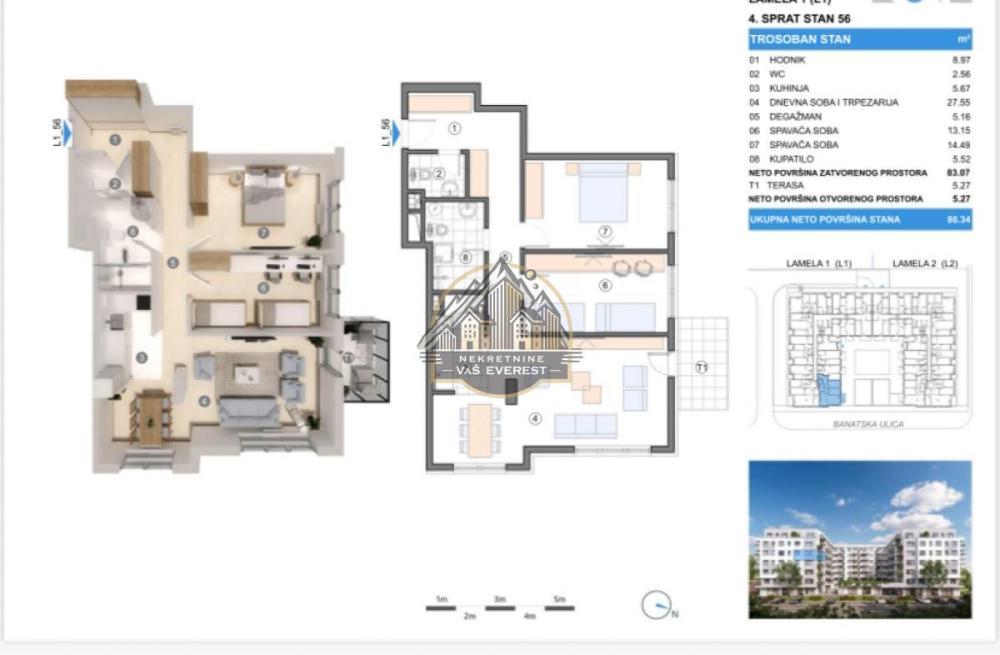 Trosoban stan na prodaju, 88m2, 269.437€