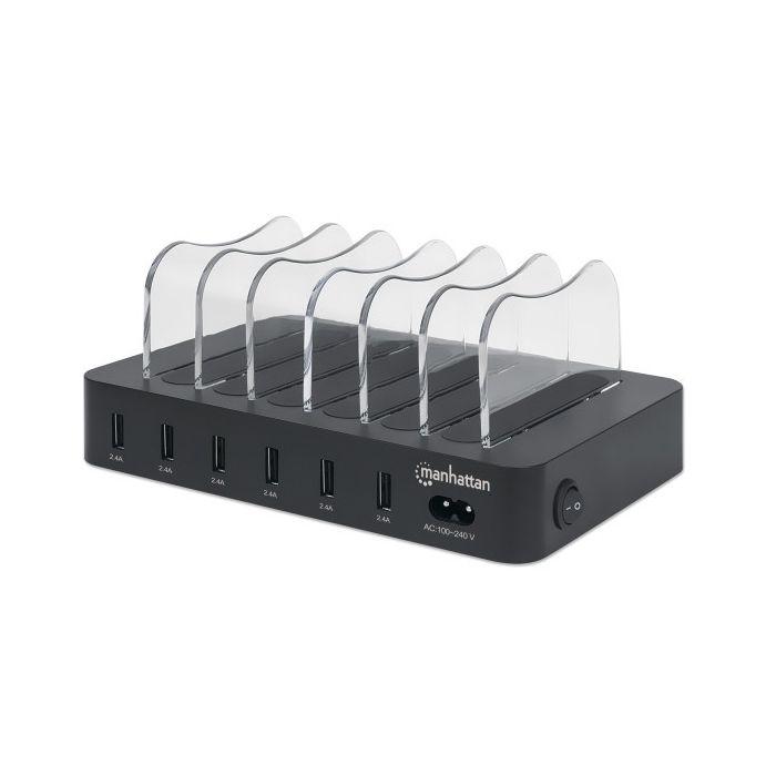 USB punjač 6-port Manhattan 102254 5V/2.4V/50W/držač za telefon Crni