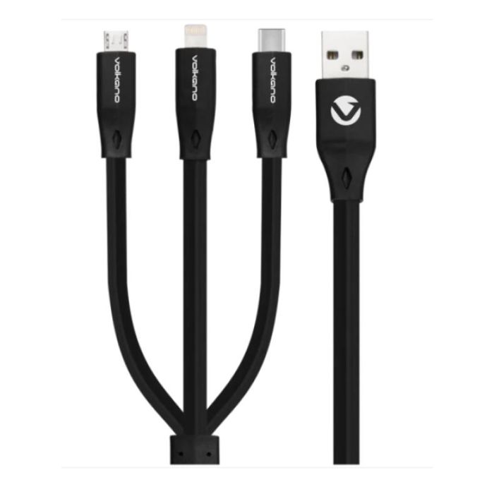 Kabl Volkano VK-20086-BK Slim Series Flat PVC 3-in-1 USB-C/Lightning/Micro
