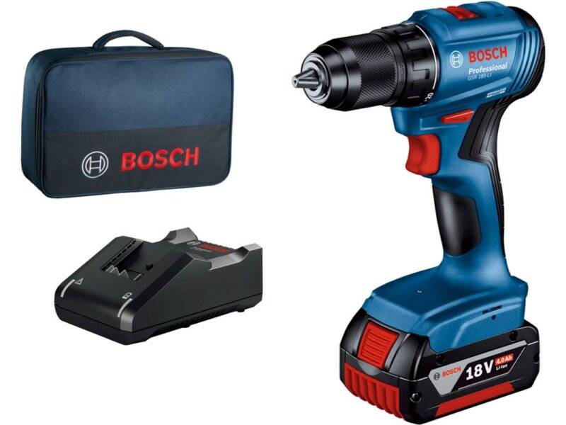 BOSCH PLAVI ALAT GSR 185-LI AKUMULATORSKA BUŠILICA – ODVRTAČ 18V, 1×4.0 AH + TORBA 06019K3005