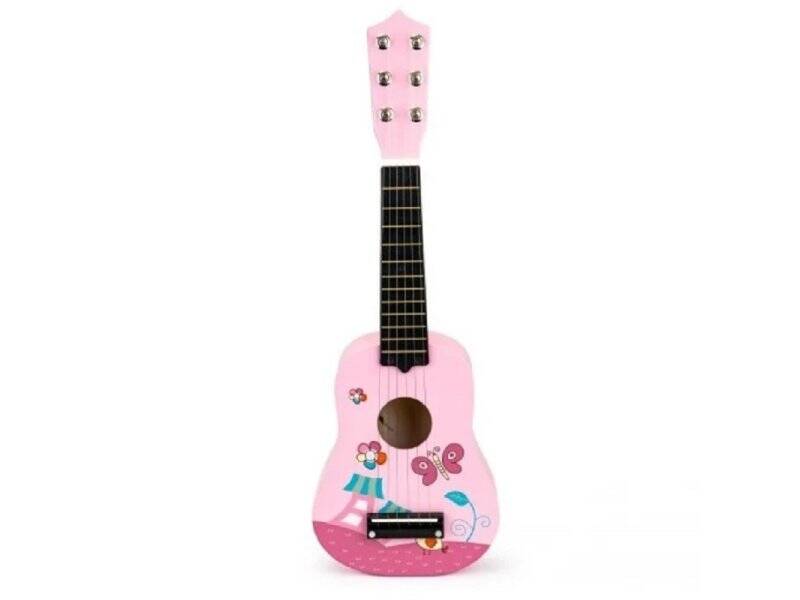 ECO TOYS DRVENA GITARA ZA DECU SA METALNIM ŽICAMA PINK