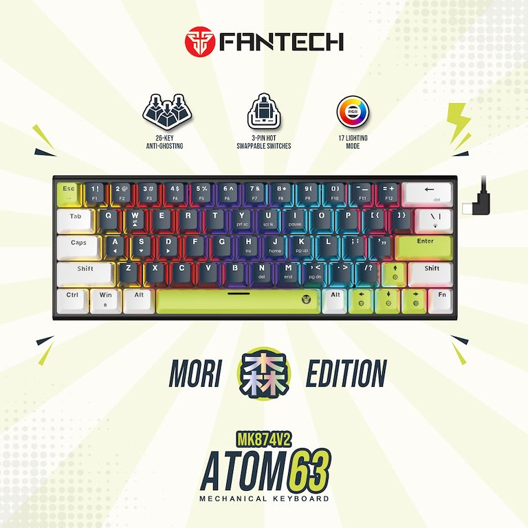 Tastatura Mehanicka Gaming Fantech MK874V2 RGB Atom 63 Mori bela (Blue switch)