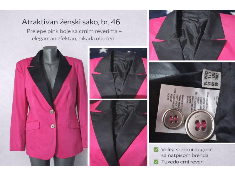 Elegantni ženski sako –pink sa crnim reverima (smoking)
