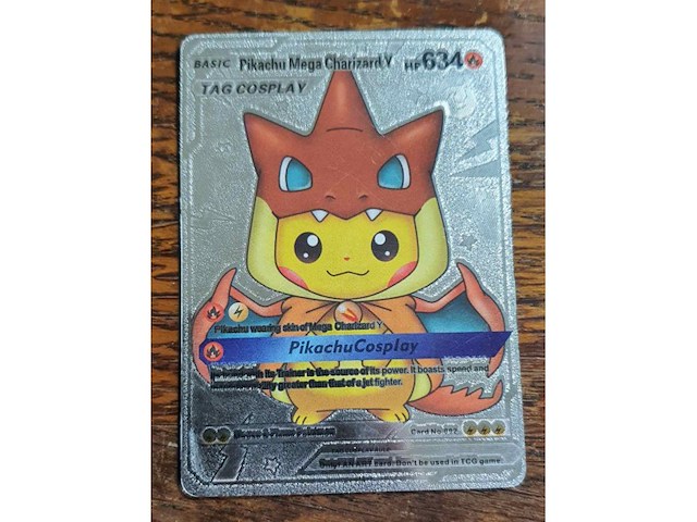 Pokémon card featuring Pikachu in a Mega Charizard Y co