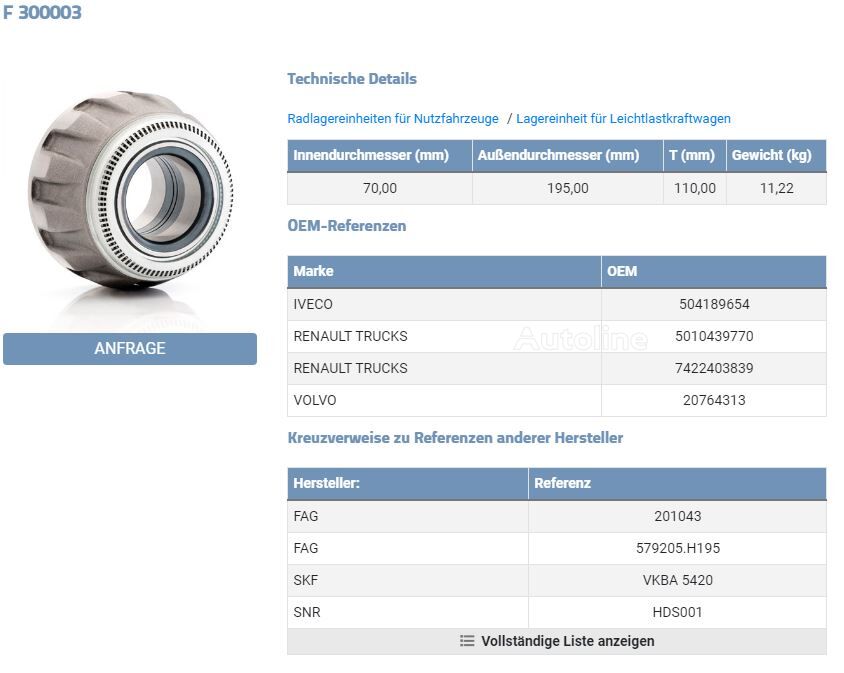 Fersa F300003 ležaj glavčine za IVECO kamiona