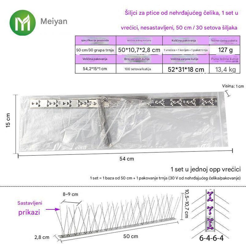 Šiljci protiv ptica – Meiyan, nerđajući čelik - Materijal: nerđajući