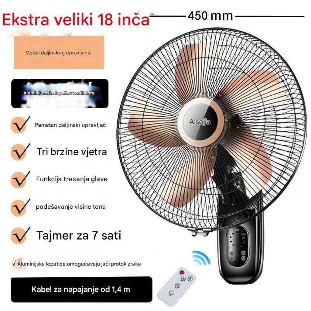 Zidni ventilator 18" (450 mm) sa daljinskim upravljanjem - Ekstra