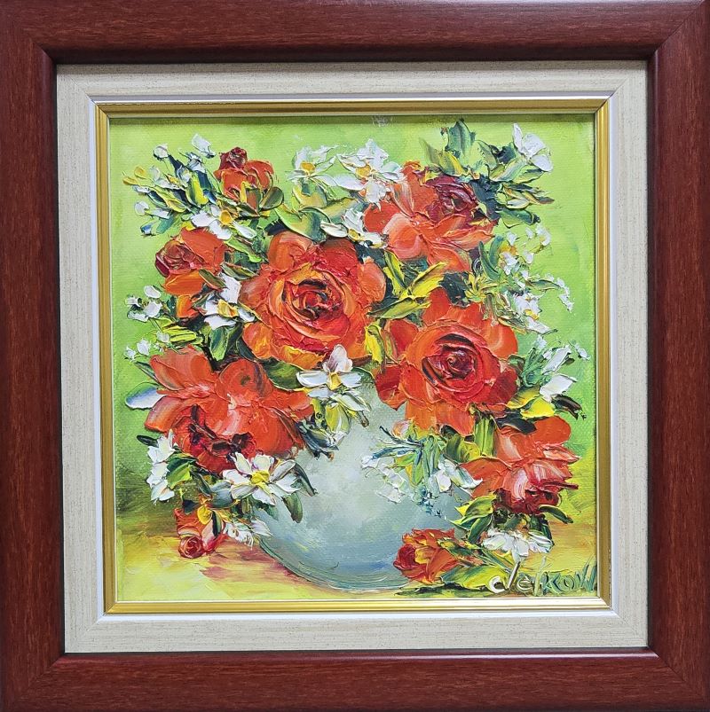 Cveće 5, ulje na platnu, Vesna Cvetkov, sa 28×28 cm, bez 20×20 cm, uramljena,sertifikat, 5900 dinara