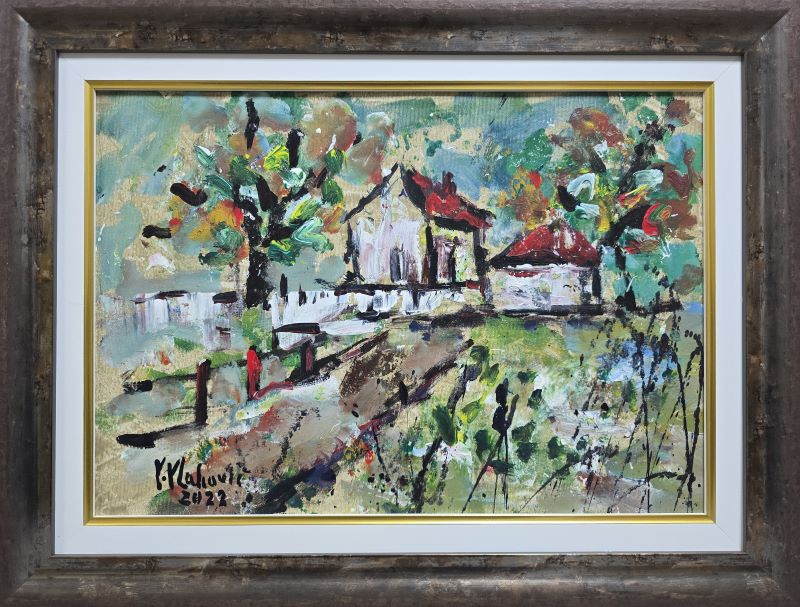 Bele kuće, ulje na platnu, Vojo Vlahović, sa 48×63 cm, bez 35×50 cm, uramljena,sertifikat, 33040 dinara