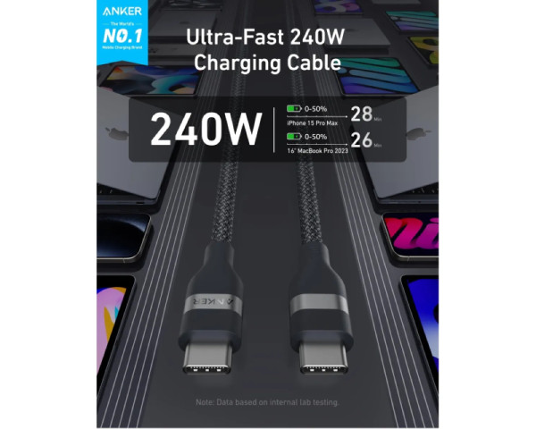 ANKER USB tip-C kabl MM 1.8m, za Super brzo punjenje 240W480Mbps, pleteni, crni