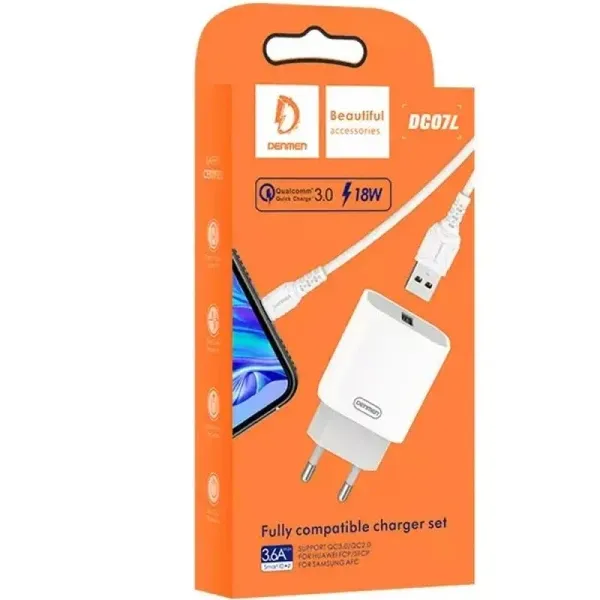 Kućni punjač Denmen DC07L fast 18W 3.6A USB-A sa lighting kablom