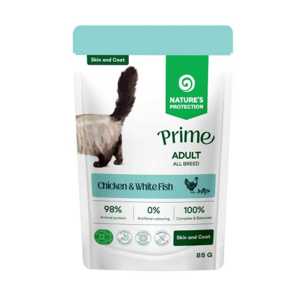 Nature's Protection Prime sos za mačke - Adult Skin&Coat Chicken&White Fish 85g