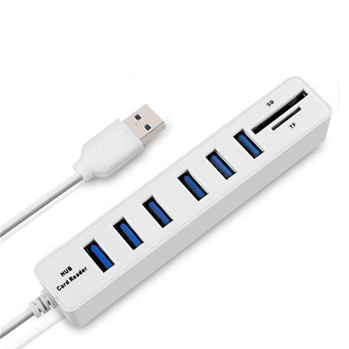 Višestruki USB 2.0 hab sa 6 portova i TF SD čitačem kartica (beli)