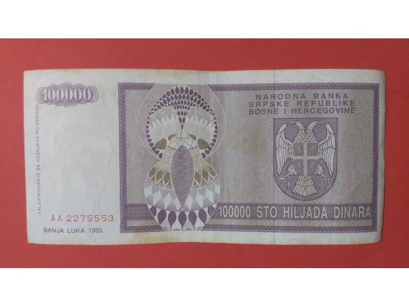 100.000 dinara 1993 god Republika Srpska Vf