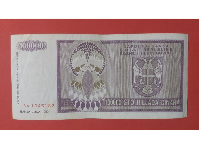 100.000 dinara 1993 god Republika Srpska Vf