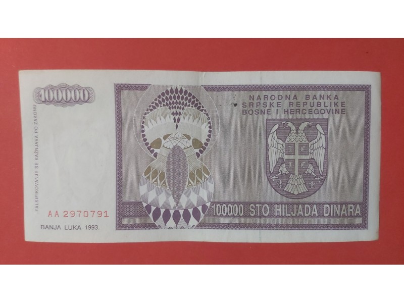 100.000 dinara 1993 god Republika Srpska Vf