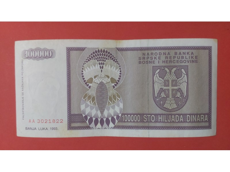 100.000 dinara 1993 god Republika Srpska Vf