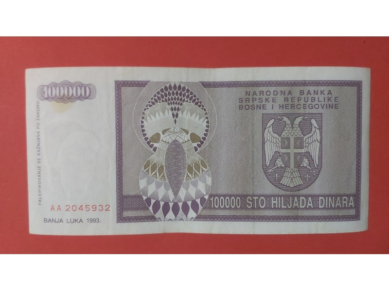 100.000 dinara 1993 god Republika Srpska Vf
