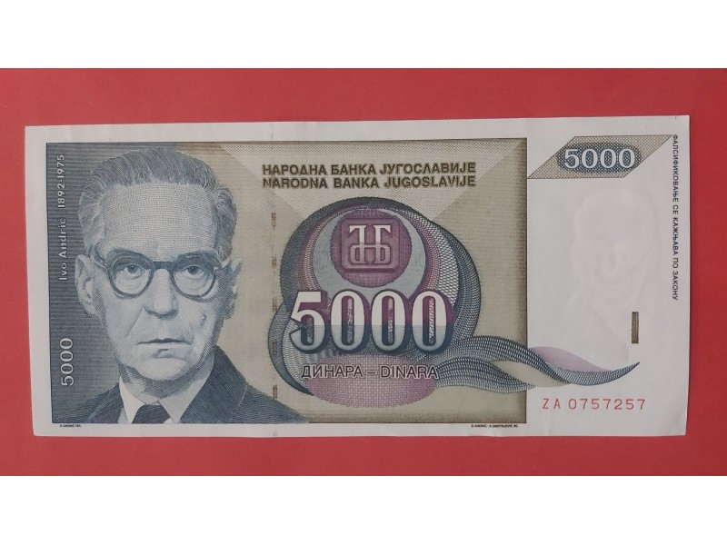 ZA 5.000 dinara 1992 god SRJ Andrić aUNC