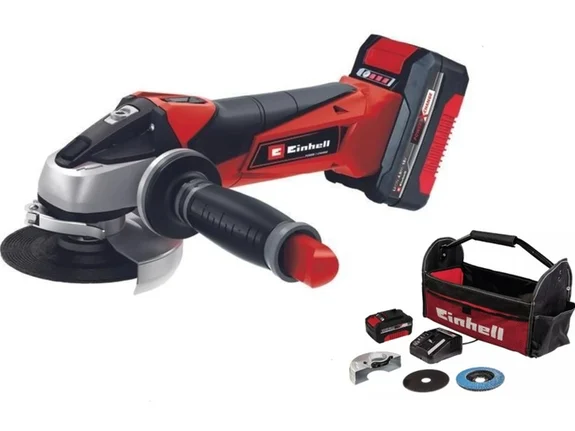 Einhell Akumulatorska ugaona brusilica TE-AG 18/115 Li + Power-X-Change 18V 2x4.0Ah + Set brusno-reznih ploča sa čepićima za uši