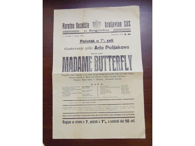 Plakat Madame Butterfly - Zagreb 1921