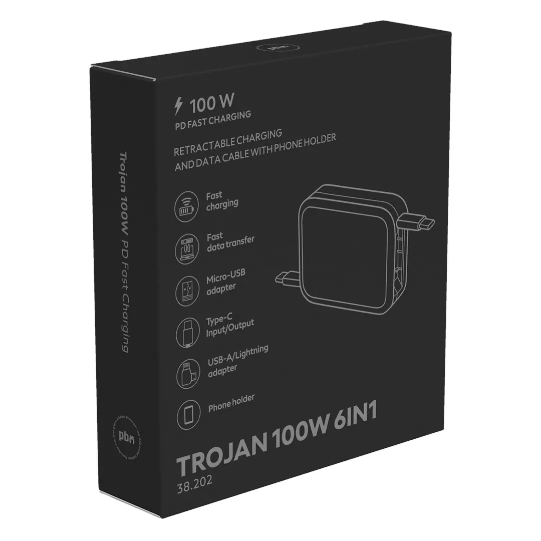 TROJAN 100W 6IN1 - 38202 
                Type-C kabl za punjenje i prenos podataka, sa držačem za mobilne uređaje, 6 u 1, 100W