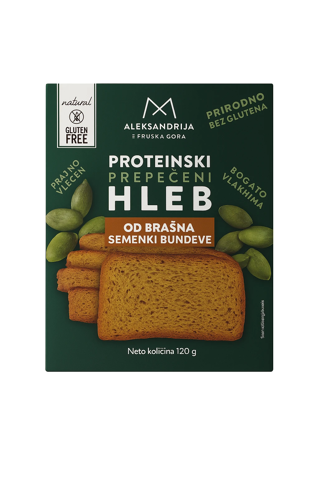 ALEKSANDRIJA Bezglutenski proteinski prepečeni hleb, 120g