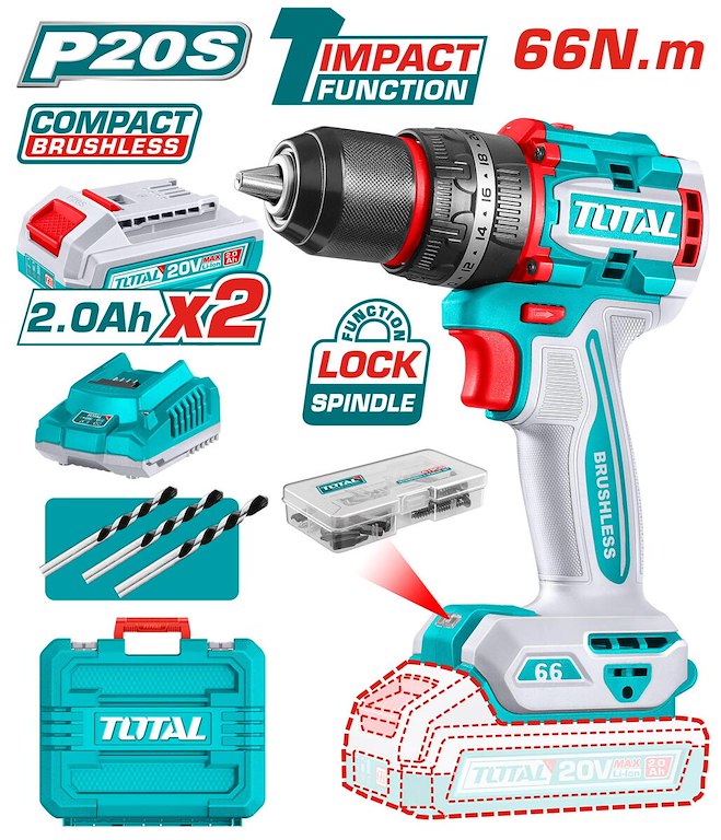 TOTAL Aku udarna bušilica 20v,BL,66NM, 2 bat 2Ah + punjač 2A TIDLI20668ID EK000800681