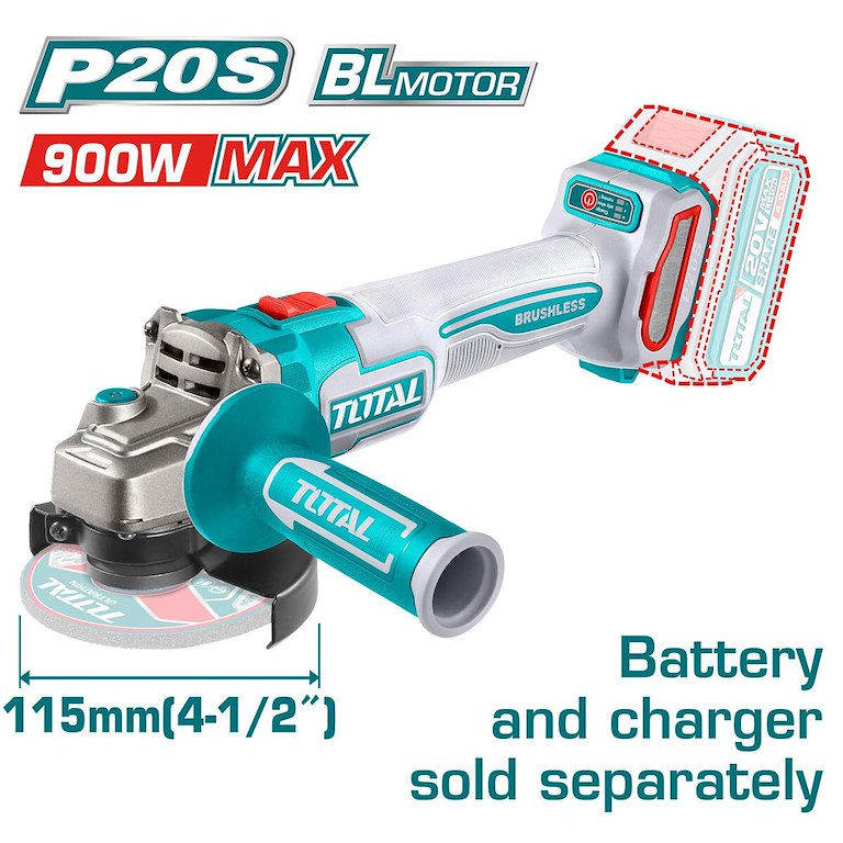 TOTAL Baterijska ugaona brusilica,solo,115 mm,BL,3 brzine TAGLI21154ID EK000800576