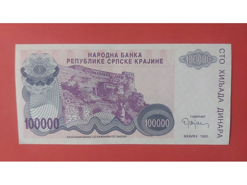 100.000 dinara 1993 god Republika Srpska Krajina Vf