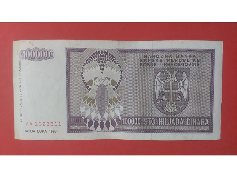 100.000 dinara 1993 god Republika Srpska Vf
