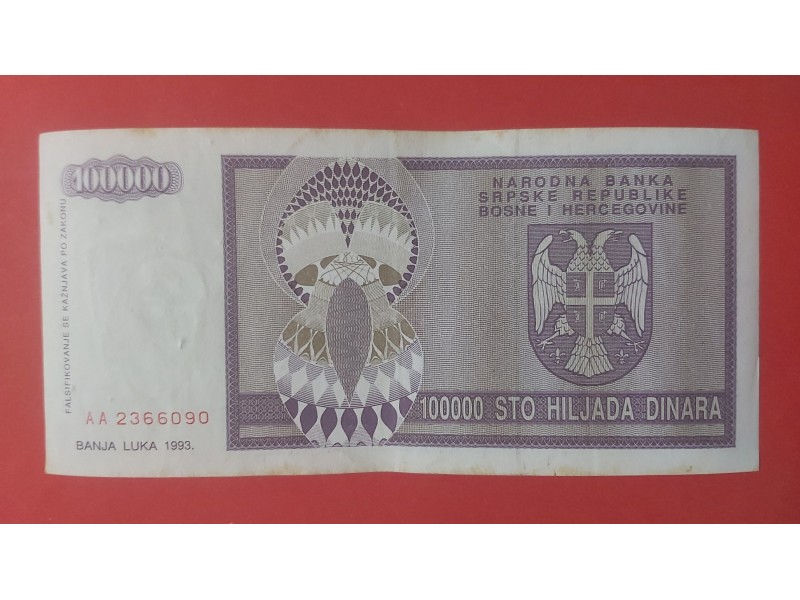 100.000 dinara 1993 god Republika Srpska Vf