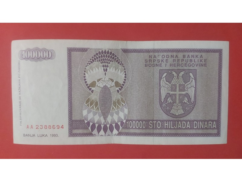 100.000 dinara 1993 god Republika Srpska Vf