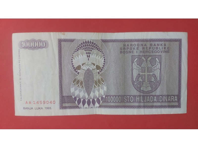 100.000 dinara 1993 god Republika Srpska Vf