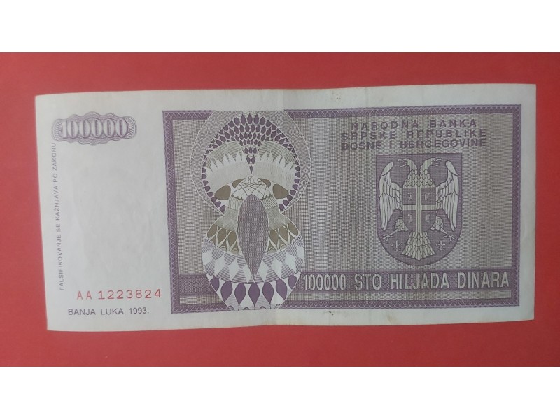 100.000 dinara 1993 god Republika Srpska Vf