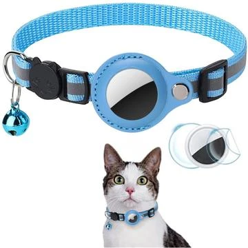 REFLECTIVE PET COLLAR WITH AIRTAG 1/2 HOLDER AND BELL - CATS AND SMALL DOGS - SKY BLUE