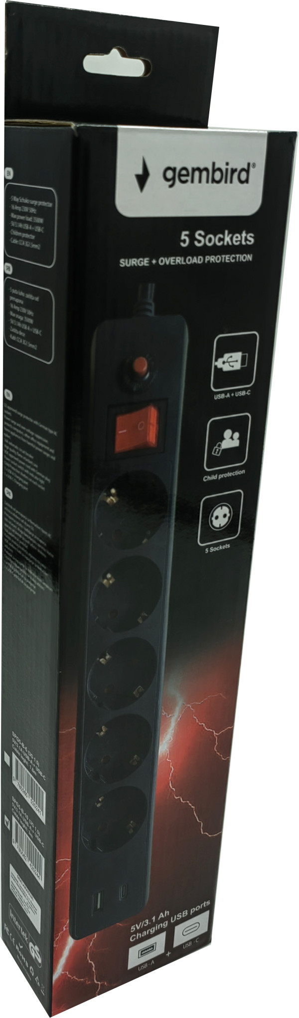 SPG5-B-6(3G1.5)**Gembird produzni kabl sa zastitom 5 uticnica, 5V/3.1A USB-A+C 16A/3500W 1.8m (703)