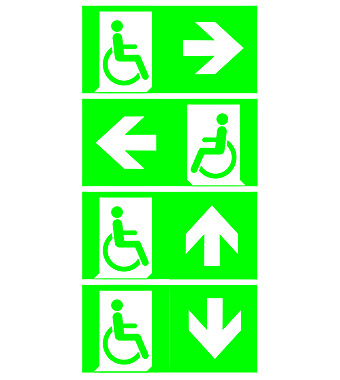 Piktogram set "invalidska kolica" strelice
Piktogram set prema ISO 7010: invalidska kolica sa strelicama levo, desno, gore, dole; za dizajn KS, AM, KB, vidljivost 22m