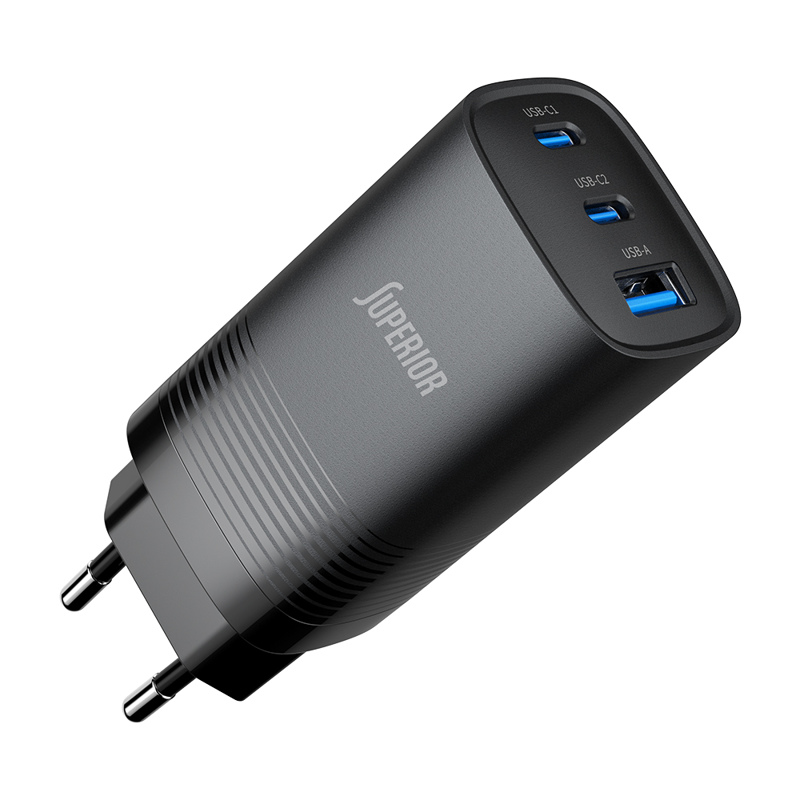 PUNJAČ KUĆIŠTE SUPERIOR CO-6501L 65W USB-A + 2 x USB-C CRNI GAN FAST PD+USB *MD *SR NOVO +