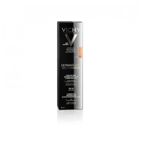 VICHY DERMABLEND 3D CORRECTION Korektivni puder za masnu kožu sklonu aknama s visokim stepenom prekrivanja SPF 25, 30 ml, 45 Gold