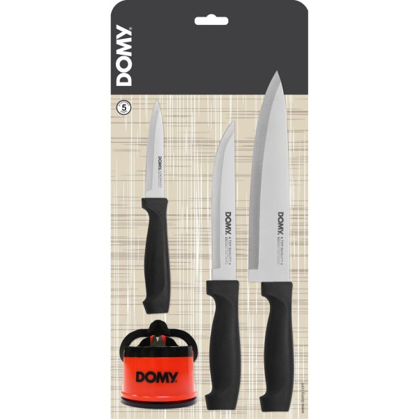DOMY Set noževa 3/1 i oštrač - Kuhinjski nož 20cm, Višenamenski nož 14cm, Nož za ljuštenje 9cm