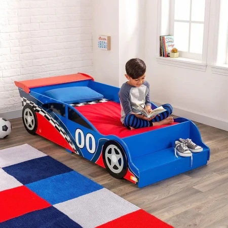 Kinder Home Drveni dečiji krevet, trkački automobil sa ugrađenim stepenikom i sigurnosnim ramom - formula ( 76040? )
