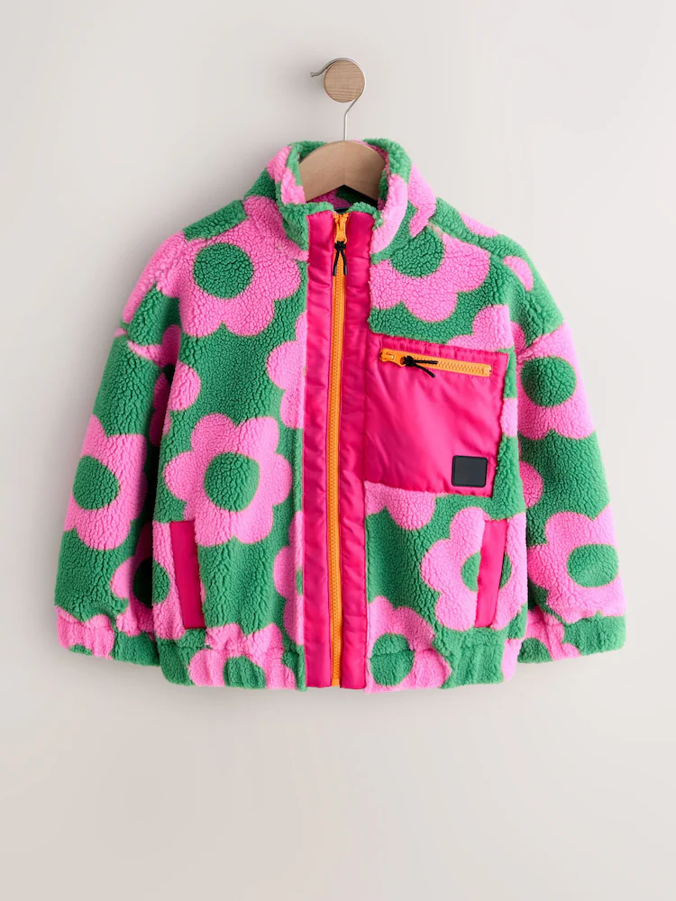 Roze/Zelene cvet - Zip Up Borg jakna (3-16god.)