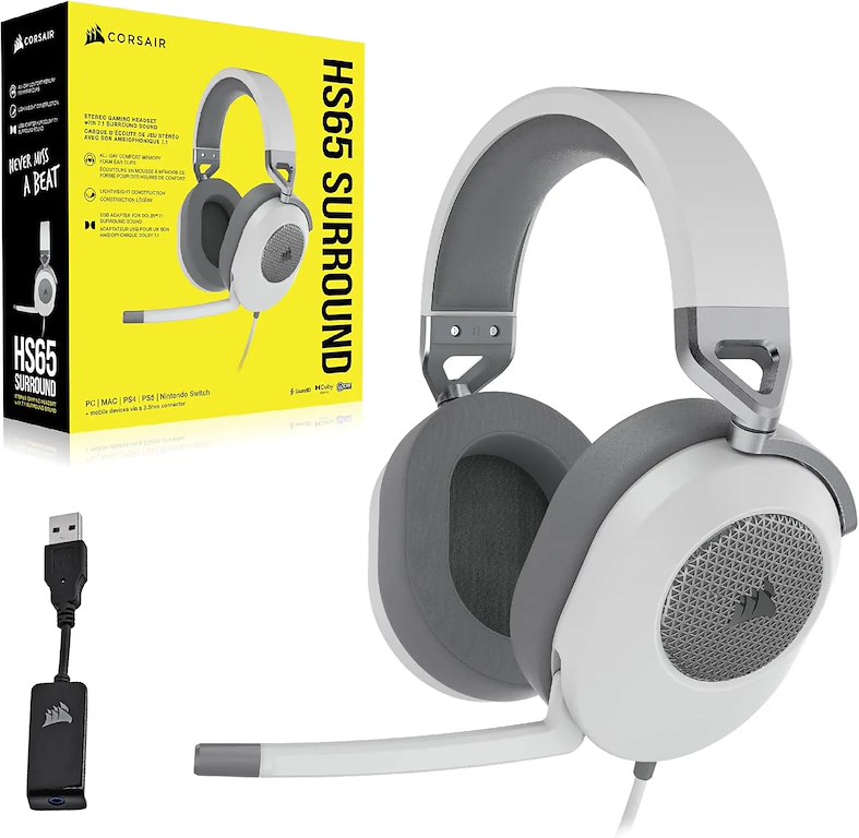 Corsair Gaming slušalice HS65 Surround Headset, Bele