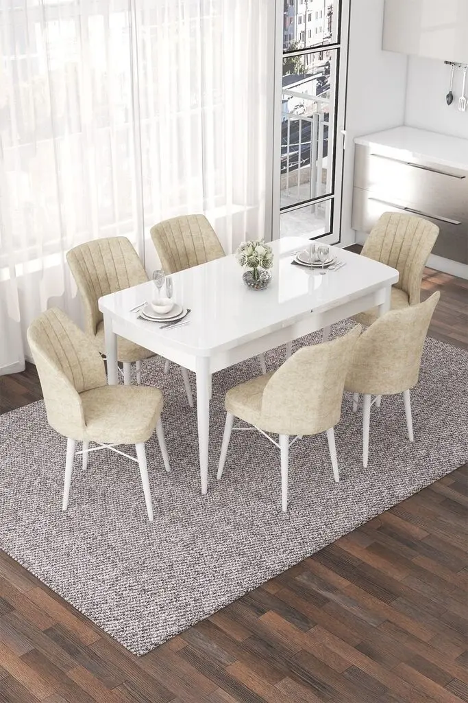 Hanah Home Set Trpezarijski sto i 6 stolica Nef, Krem-beli