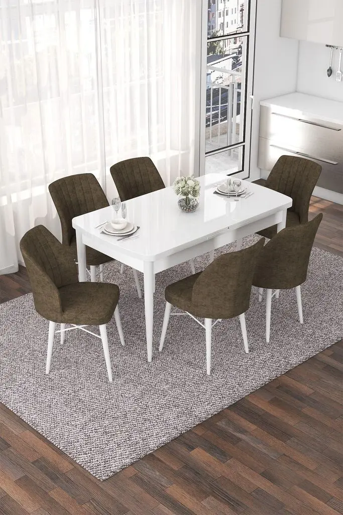 Hanah Home Set Trpezarijski sto i 6 stolica Nef, Braon-beli