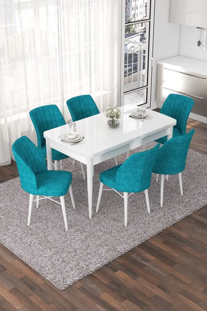 Hanah Home Set Trpezarijski sto i 6 stolica Nef, Tirkizno-beli