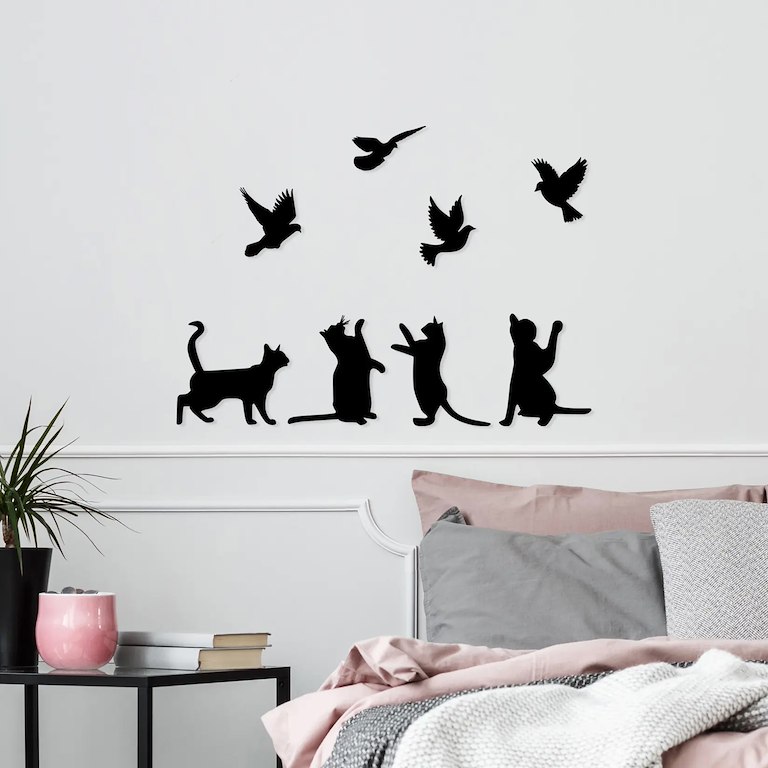 Wallity Zidna dekoracija Birds Playing With Cats, 79x110 cm, 1.5 mm, Crna
