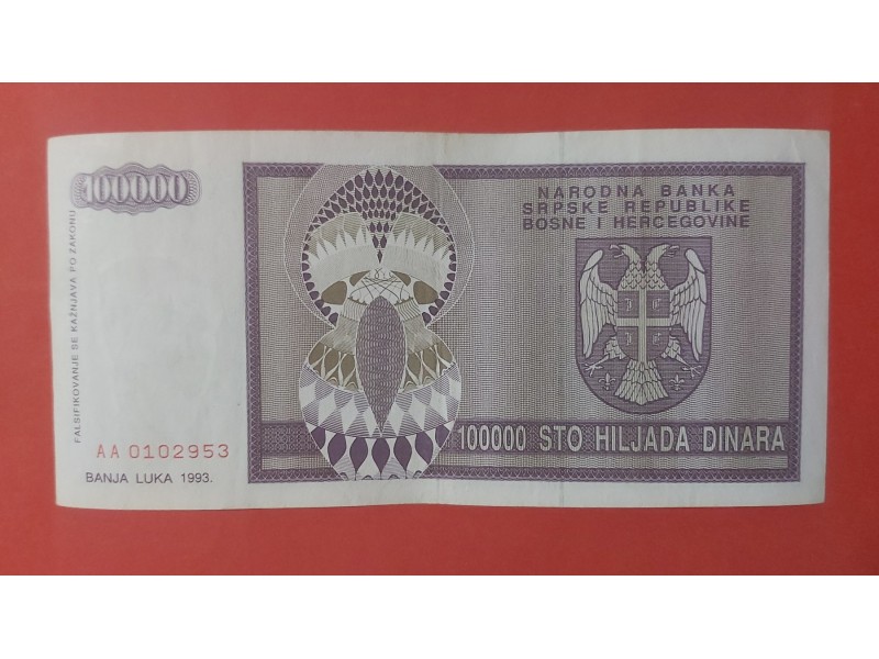 100.000 dinara 1993 god Republika Srpska Vf