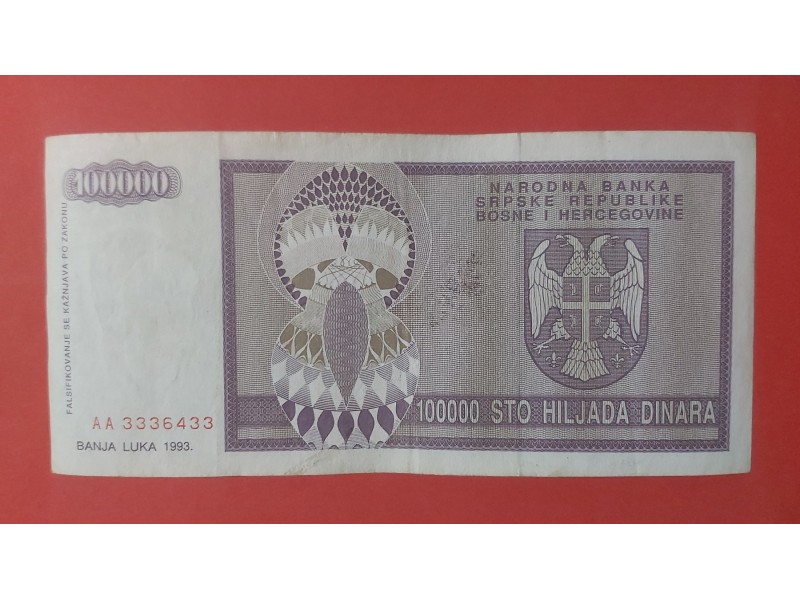 100.000 dinara 1993 god Republika Srpska Vf